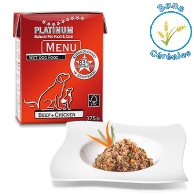 Avis Platinum menu beef and chicken pâtée chien